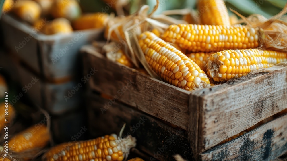 A rustic display of fresh corn cobs stacked in wooden crates evokes the ...