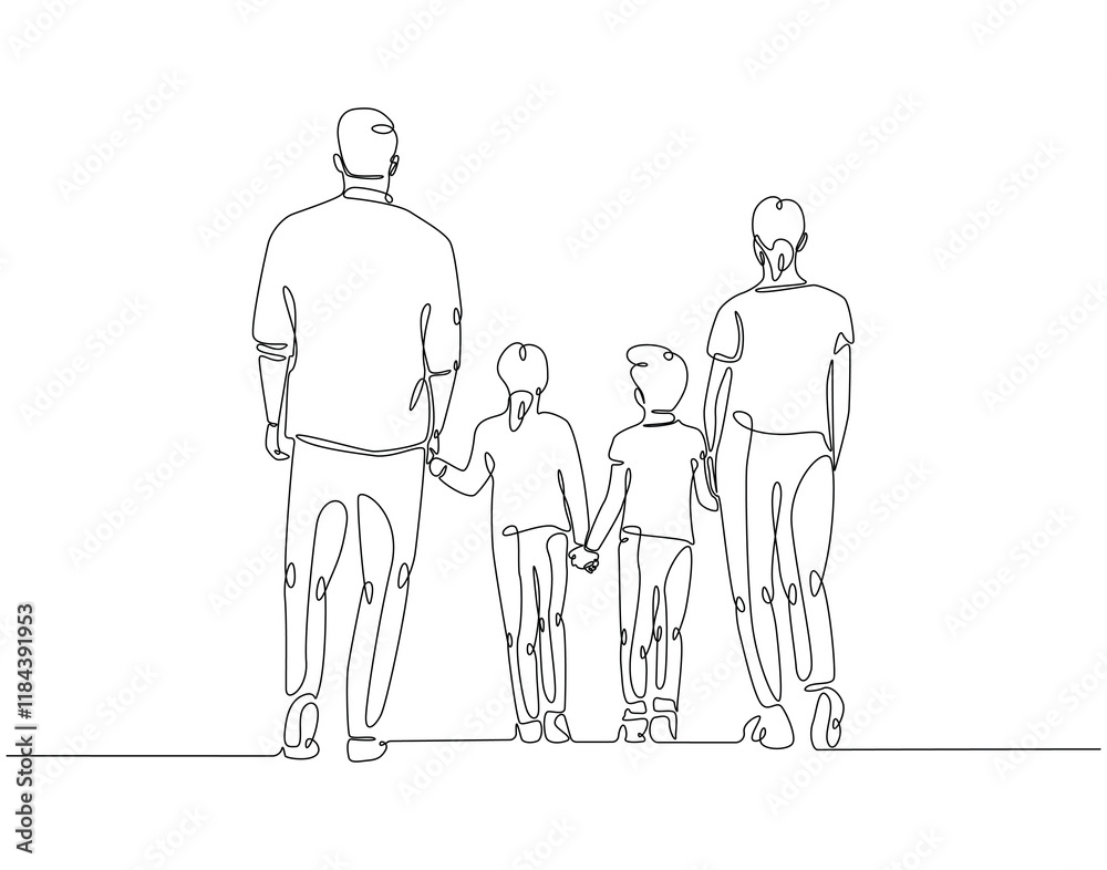 Continuous line drawing of family standing together back view. Single ...