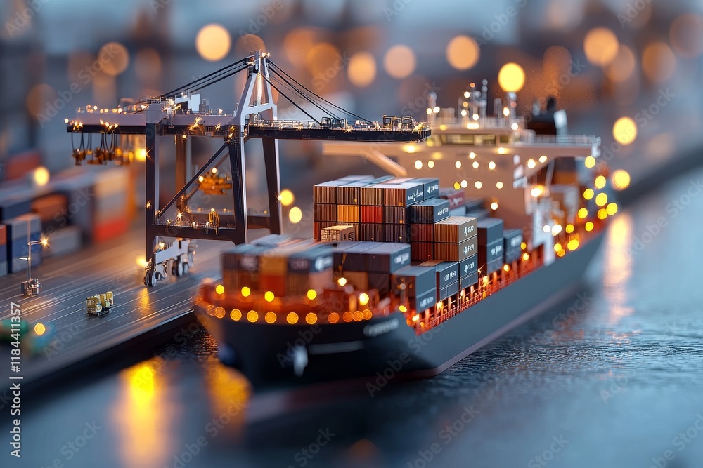 Miniature cargo ship loaded with colorful containers docked at a modern ...