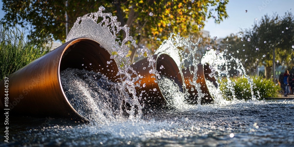 Water spouts and droplets splash from the fountains basin pipe ...