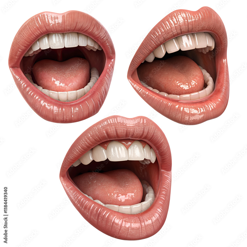 Foto de Stock Glossy red lips mouth set bundle and shiny teeth dental care vector illustration ...