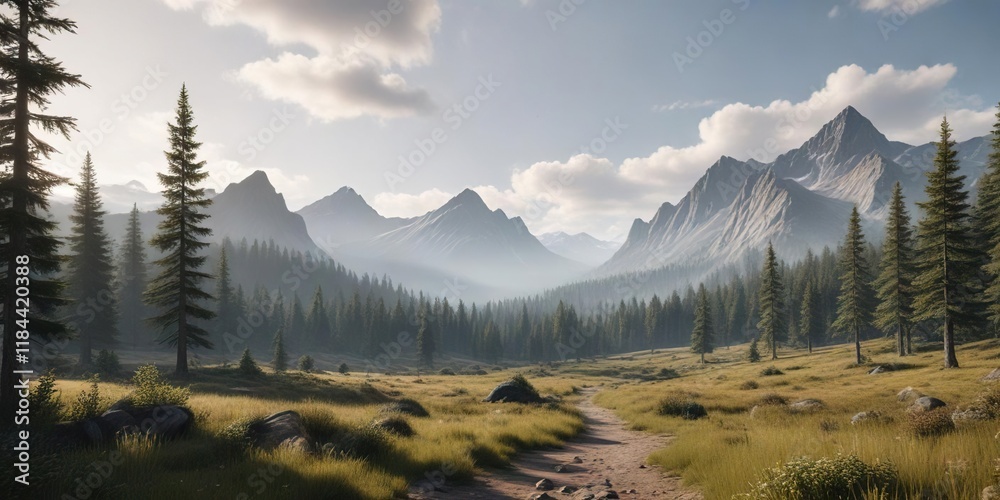 Muted forest landscape with distant mountains and trees, brown ...