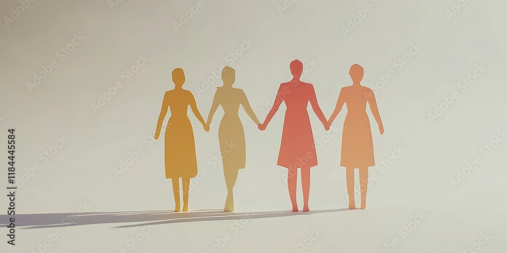 four diverse paper cutout figures holding hands clean white background subtle shadows for depth ...