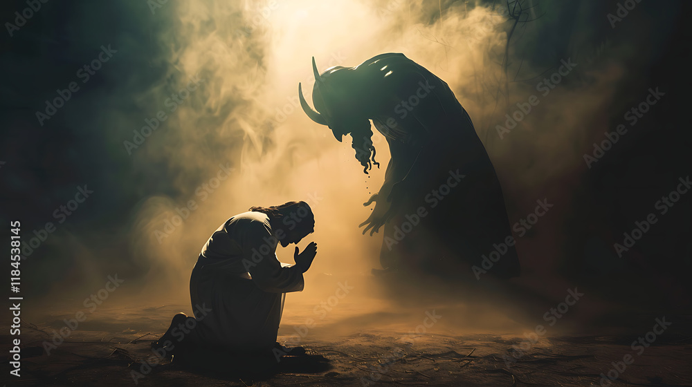 A dramatic scene of Jesus Christ kneeling in prayer, while Satan looms ...
