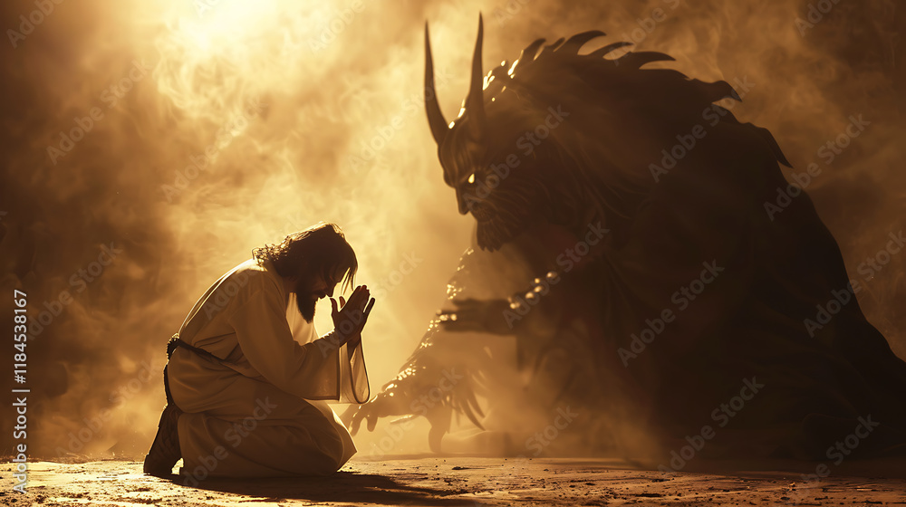 A dramatic scene of Jesus Christ kneeling in prayer, while Satan looms ...