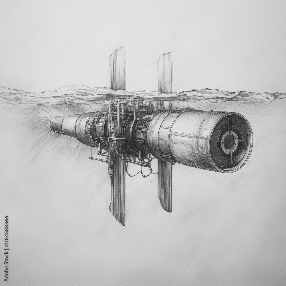 Tidal energy generator shown in pencil illustration beneath ocean ...