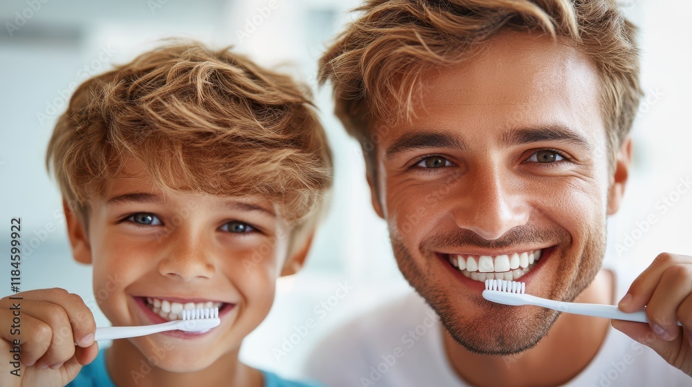 People brushing their teeth in the morning light, a father and son ...