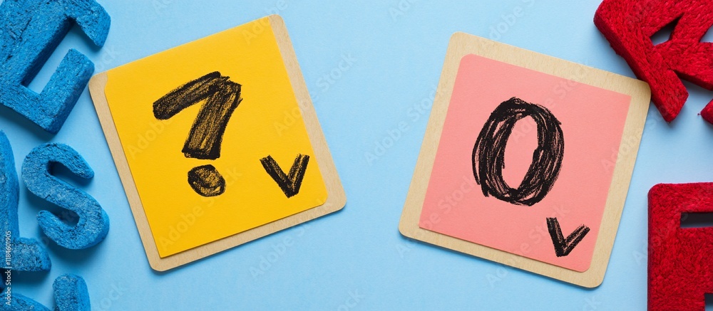 Yes or no decision concept with question mark and checkmark on colorful ...