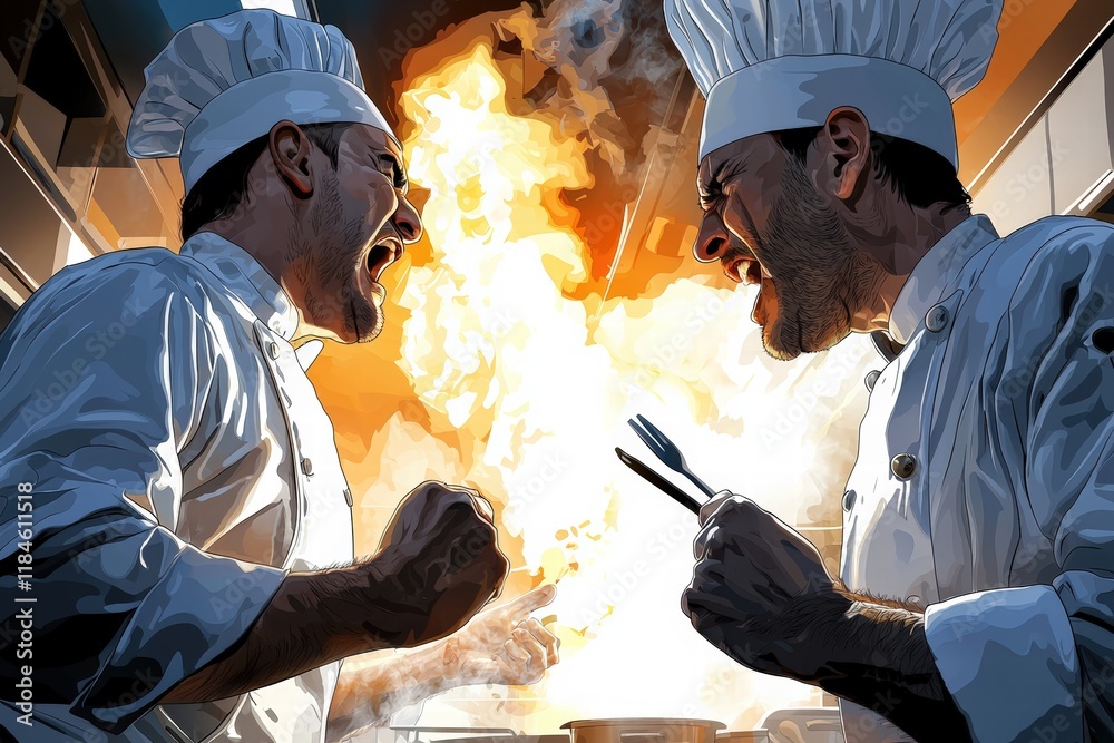 Heated argument between two chefs in a busy kitchen, with steam rising ...