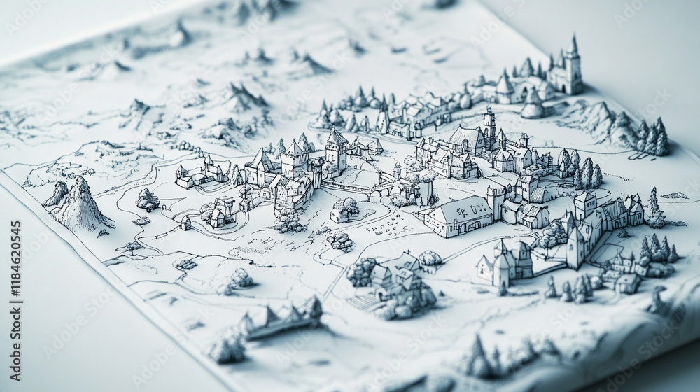 Fantasy kingdom map sketch, 3D relief, hand-drawn style, paper texture ...