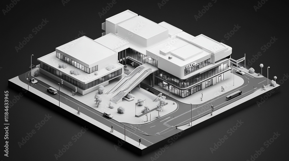 Isometric 3D model of a modern shopping mall complex with surrounding ...