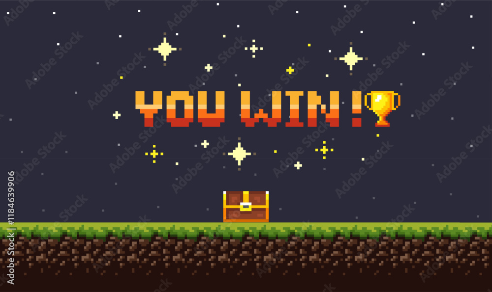 Pixel art night game background with grass, sky and you won game 8-bit ...