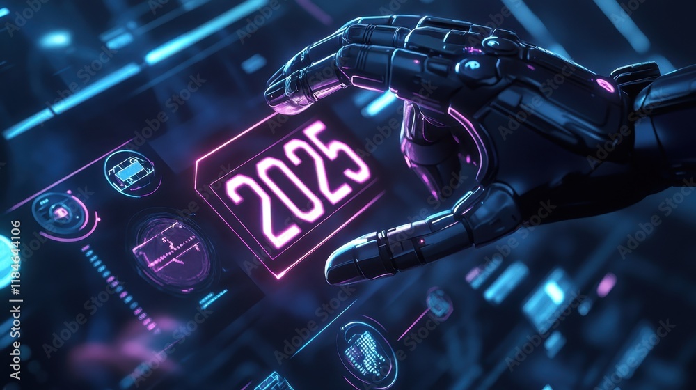 A sleek robotic hand touches a glowing "2025" start button surrounded ...