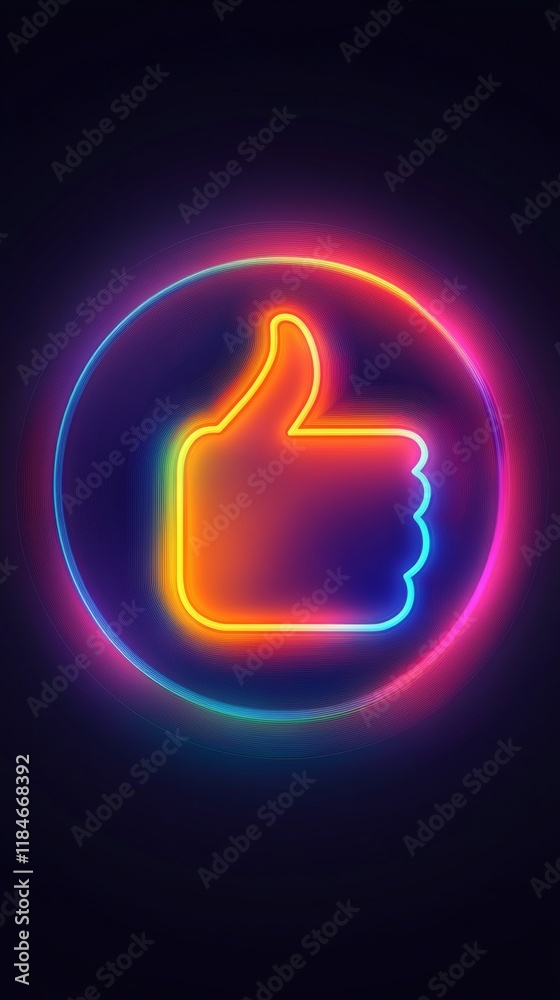 Neon thumbs up symbol is glowing inside a colorful circle on dark ...