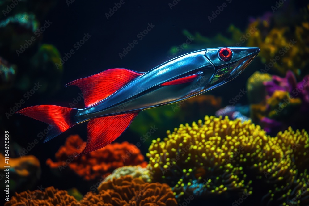 Smooth, angular fish with glowing red fins and sleek metallic bodies ...