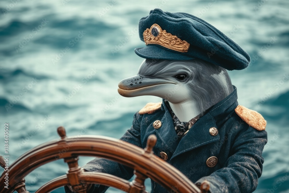 Dolphin dressed as ship captain navigating the ocean with a ships wheel ...