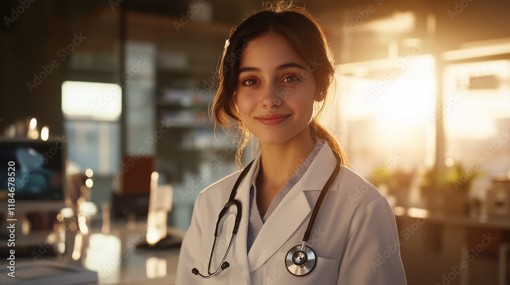 Sunlight streams into a clean, organized medical office as a young ...