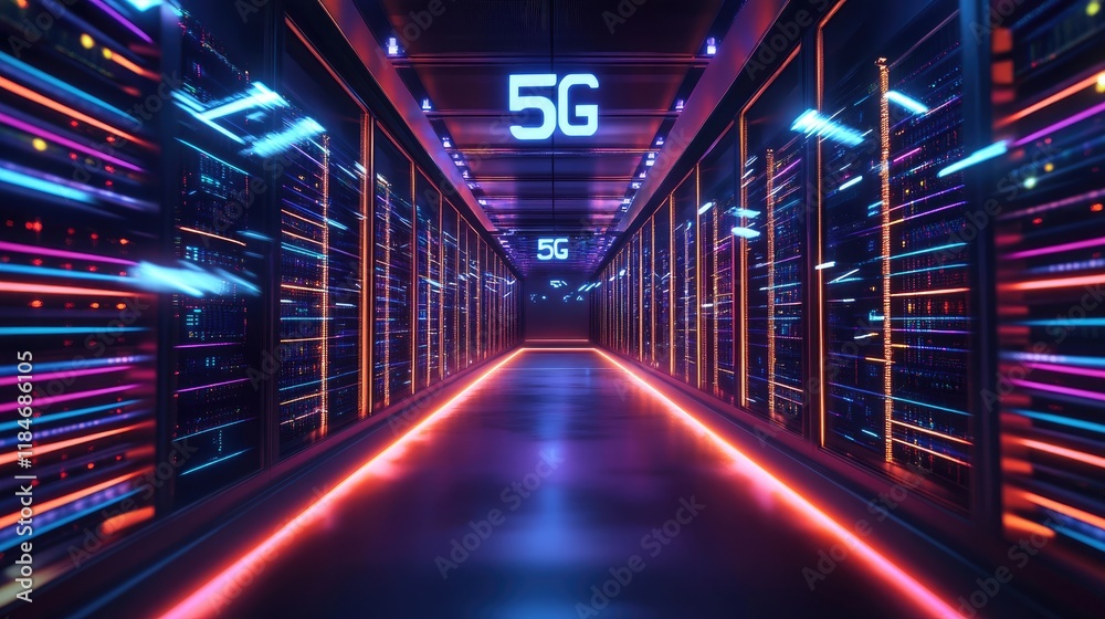 Futuristic Tech Hub, advanced 5G servers and antennae, holographic data ...