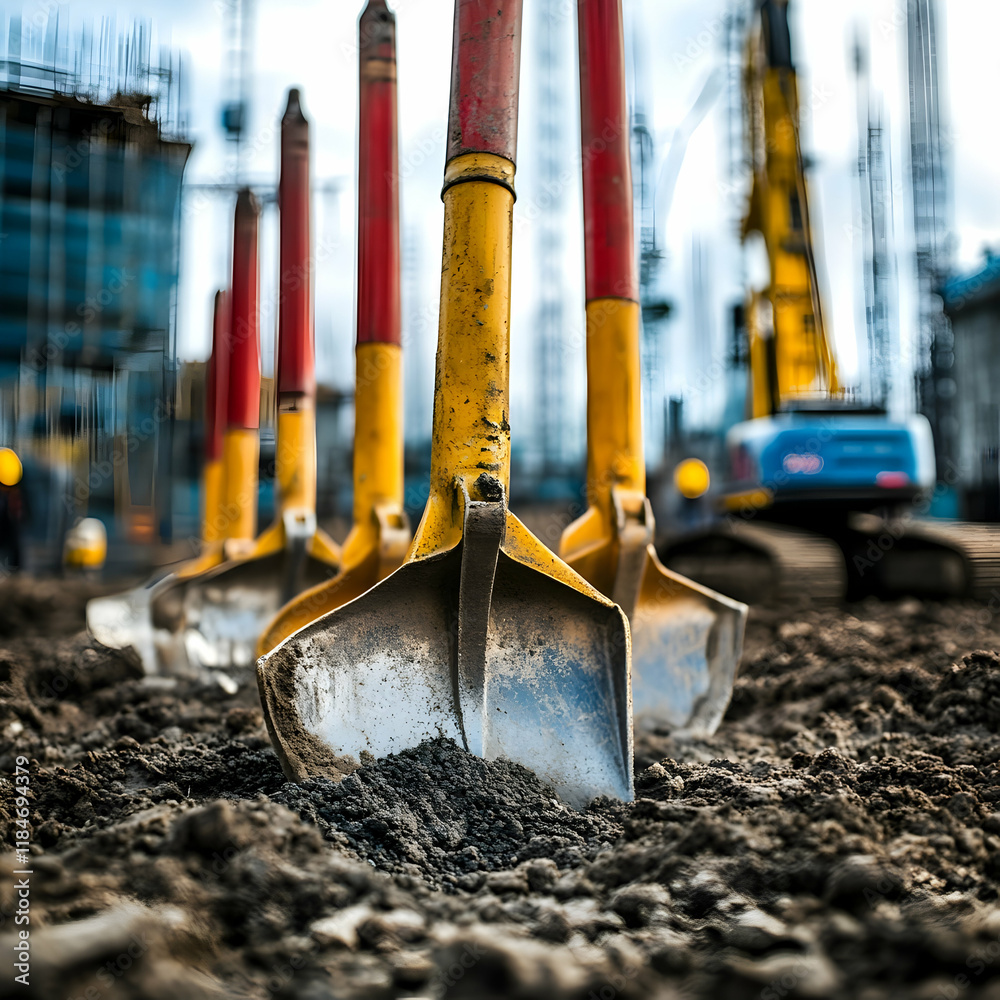construction site groundbreaking ceremony with shovels and hardhats ...