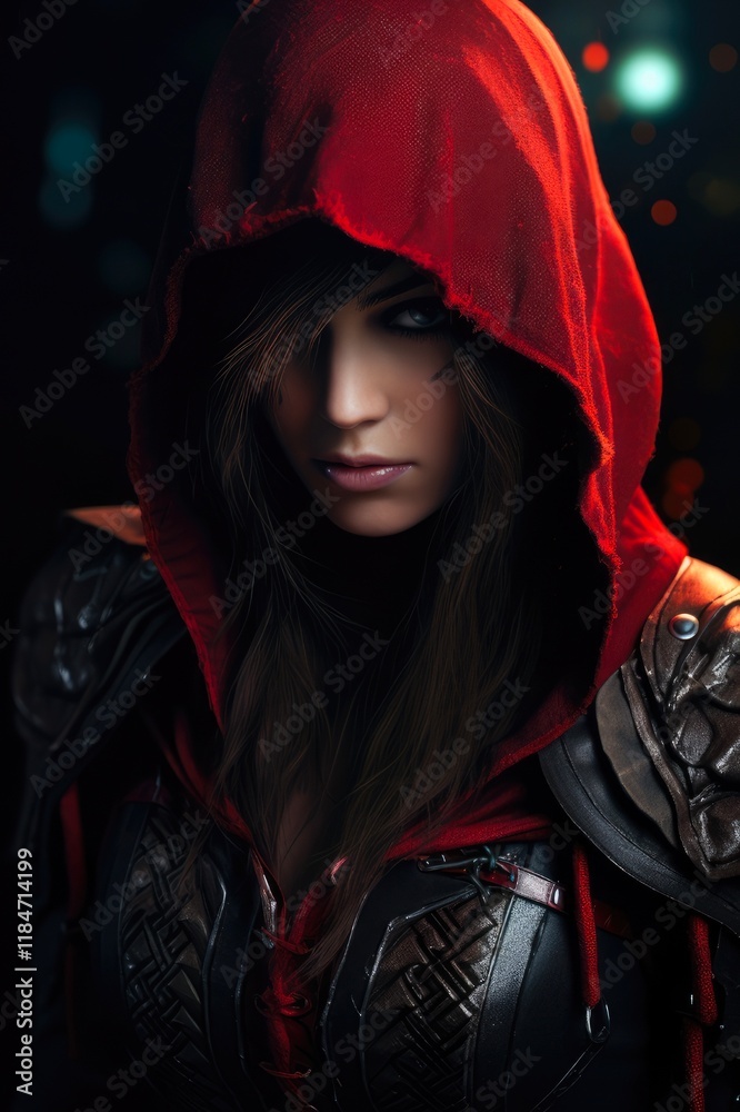 Red-Hooded Female Assassin in Ancient Warrior Costume. Fantasy Portrait ...