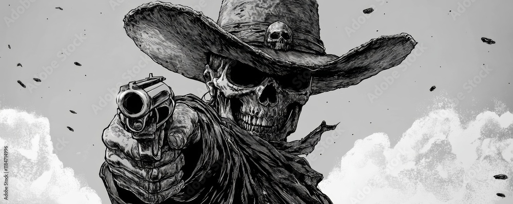 Skeleton gunslinger cowboy aiming with revolver in wild west duel Stock ...