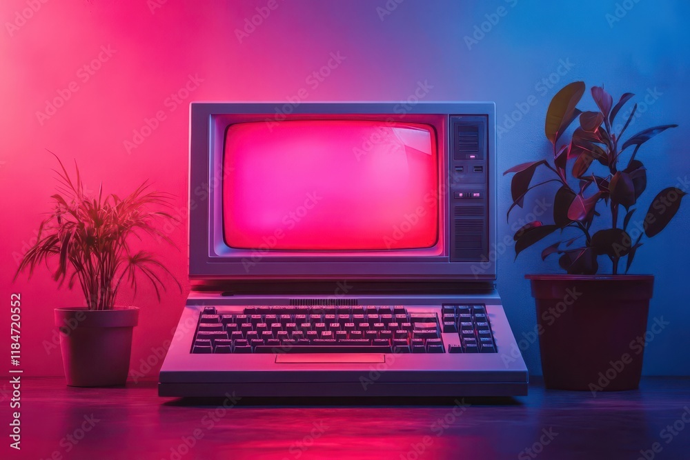 nostalgic 1980s desktop computer with glowing screen in dark room retro ...