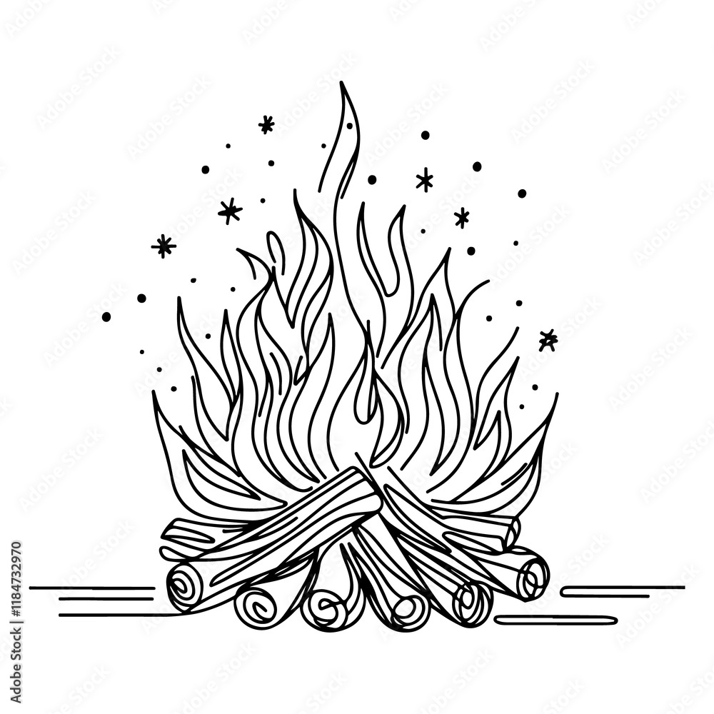 Vector silhouette Continuous single-line bonfire drawing and outline ...
