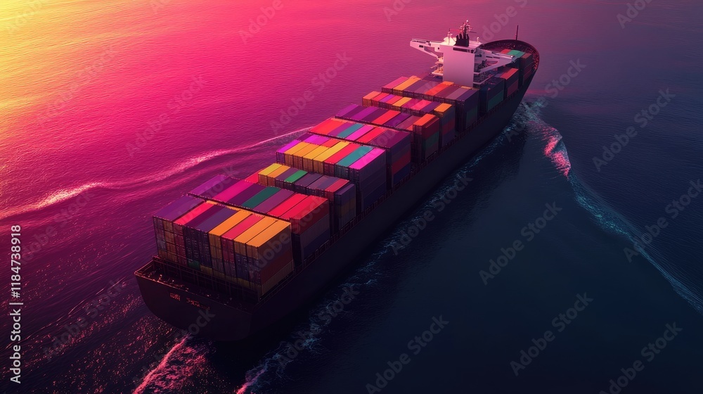 Overhead perspective of a container ship at sea, sleek design and vivid ...