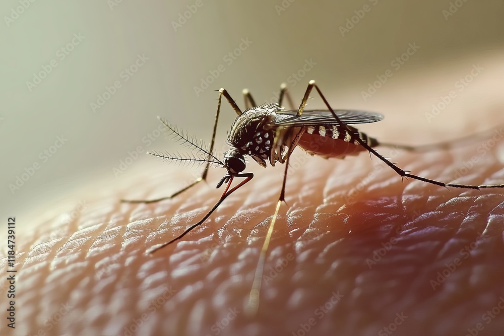 Aedes mosquito is sucking blood on human skin, Close-up of a mosquito biting human skin Stock ...