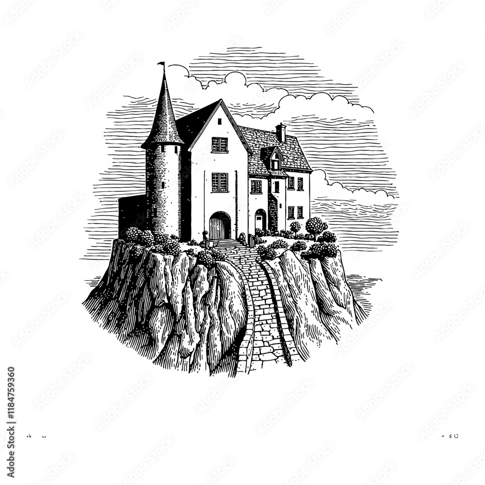 Simple Castle on Cliff with Cloudy Sky Black and White Outline Line Art ...