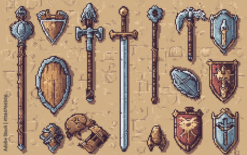 Ilustración de Stock A collection of pixel art weapons including swords ...