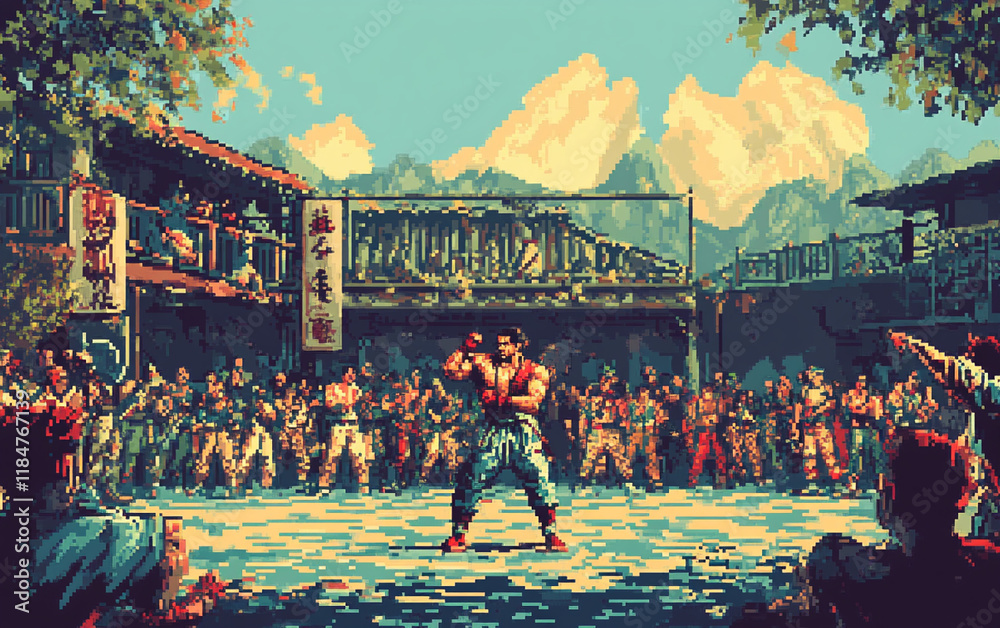 A pixelated arcade fighting game background with a vibrant crowd and ...