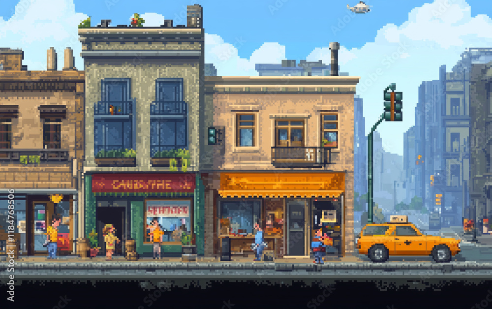 Pixel art assets of a bustling city street with cars, shops, and ...