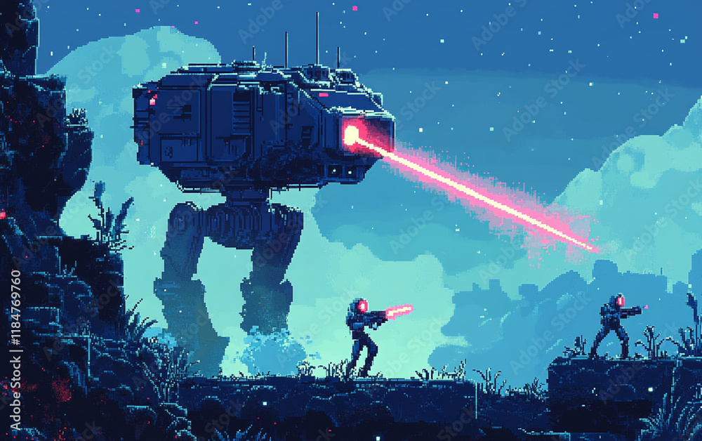 Sci-fi pixel art assets with laser weapons, robotic enemies, and space-themed backgrounds. Stock ...