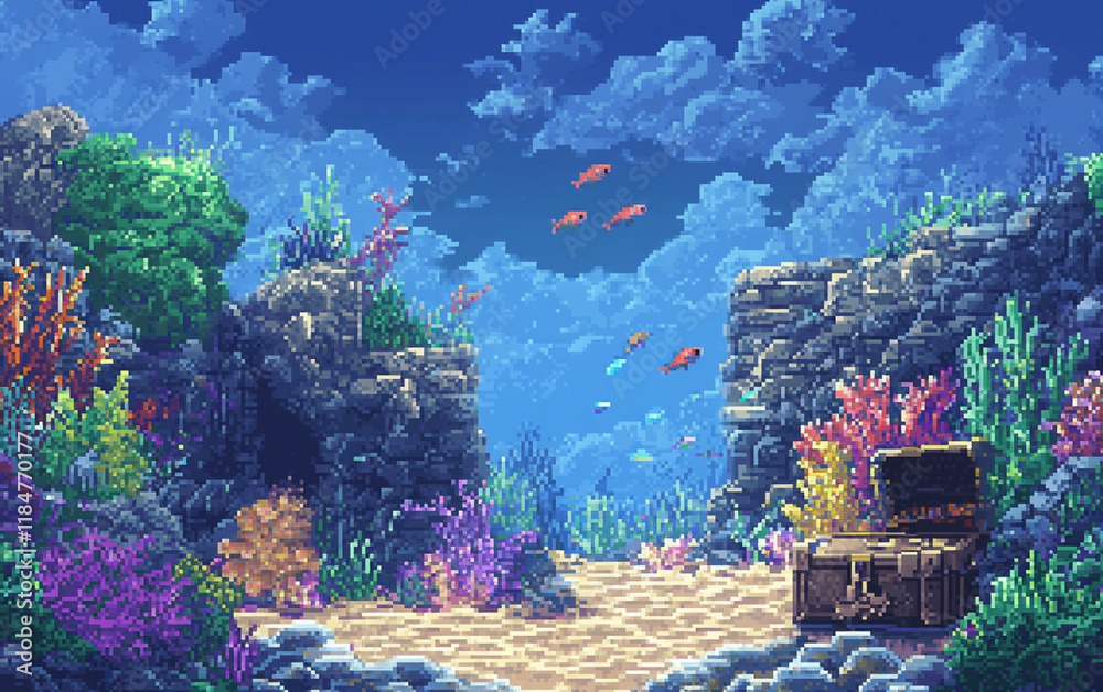 Vibrant pixel art assets of an underwater world with coral reefs, fish ...