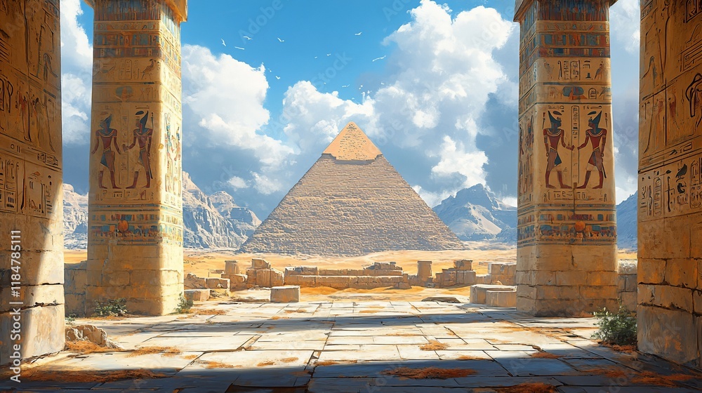 Pyramid view from ancient temple entrance. Stock Illustration | Adobe Stock