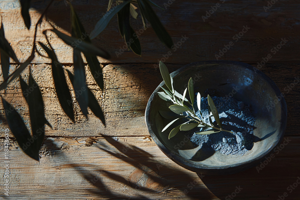 olive branch casting shadows across bowl of blessed ashes, weathered ...