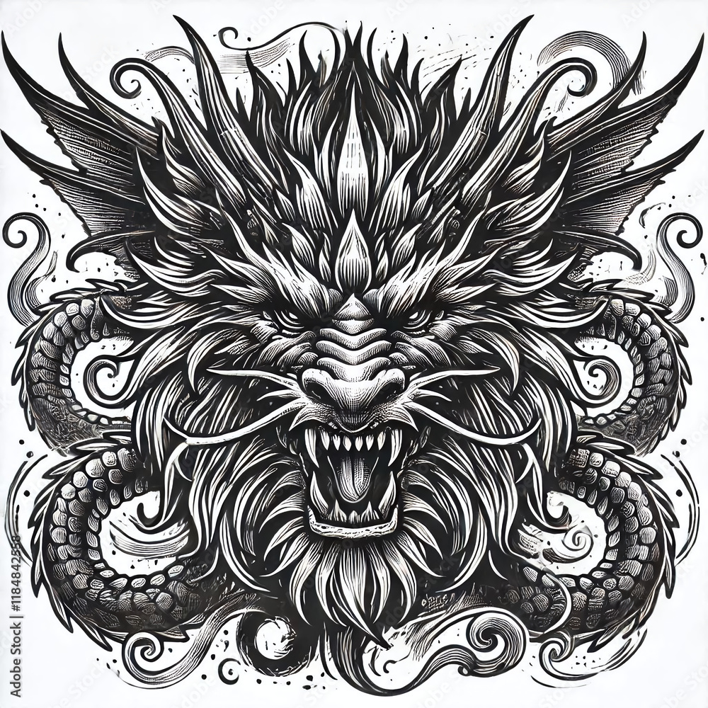 Majestic head furious dragon, front view, showcasing a bold tattoo ...