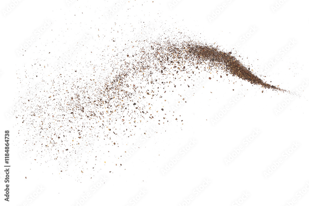 Minced black pepper, ground peppercorn pile flying isolated on white ...
