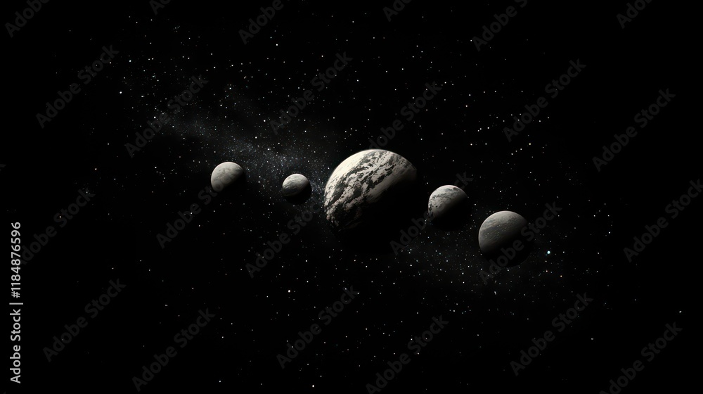 Planetary system with moons orbiting a large planet against a starry ...