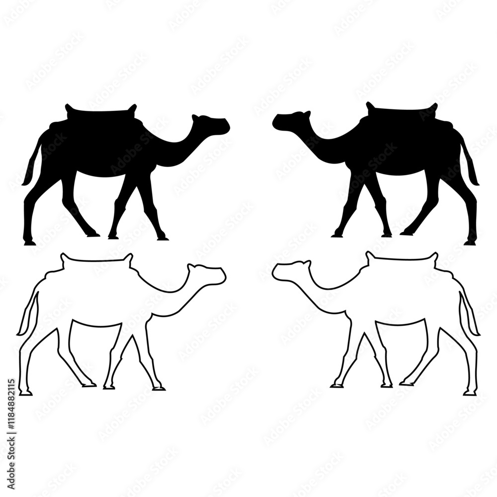 Camel Flat graphic icons Set. Camel black signs isolated on Transparent ...