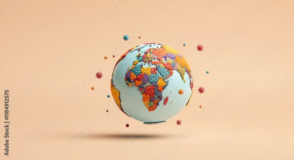 Colorful world map sphere with floating viral particles Stock ...