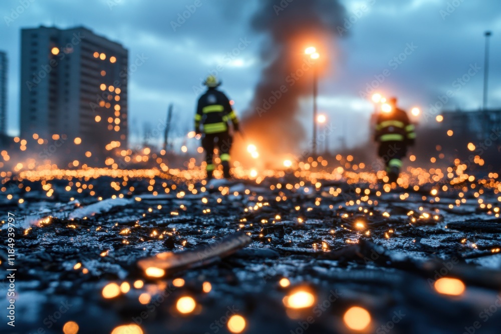 Dawn breaks over an urban fire disaster with charred buildings and ...