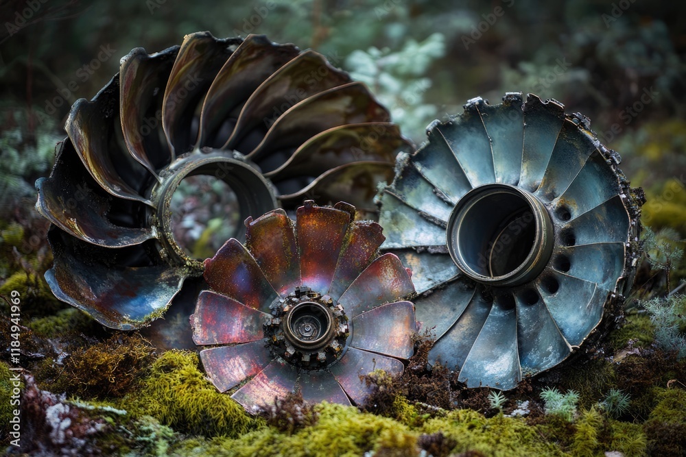 Decaying jet engine turbine blades rest on moss, showcasing nature's ...