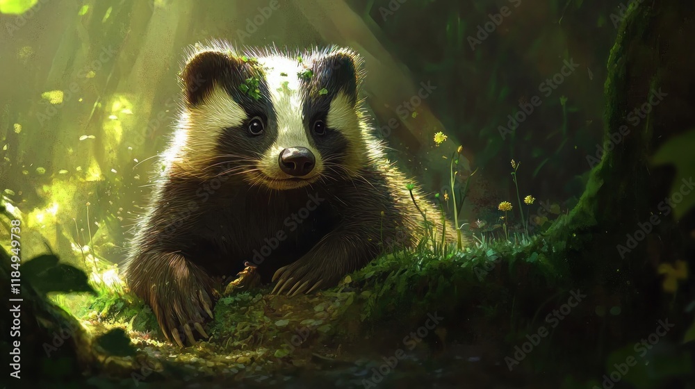 Enchanted Forest Badger: A whimsical digital painting of a badger in a ...