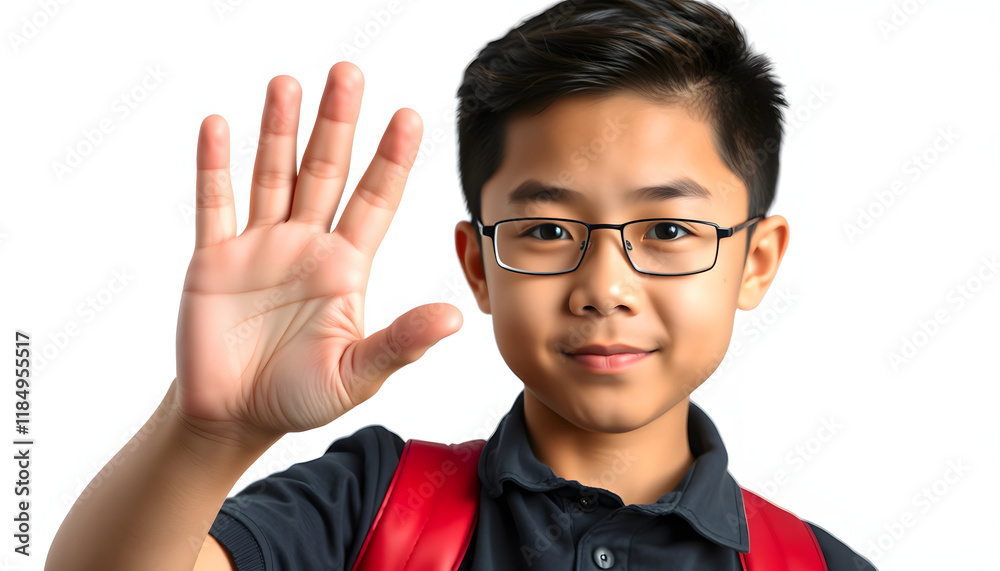 Young Asian preteen teenager boy showing a stop sign with his hand ...