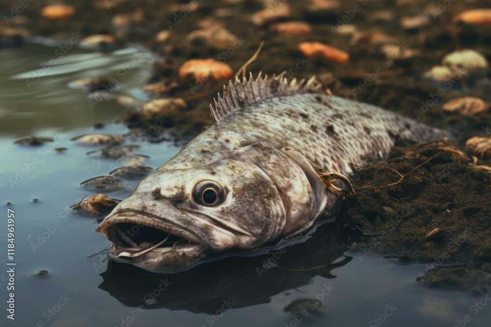 Dead fish lies in polluted water near a shore covered in shells ...