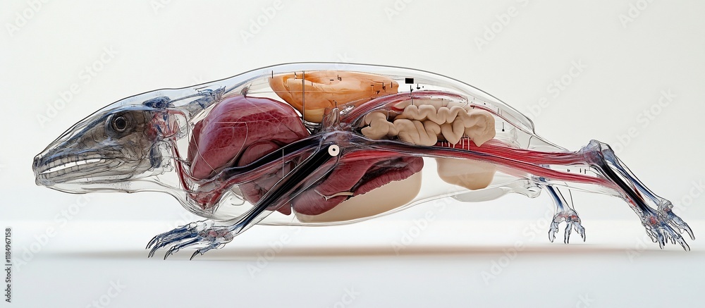 Transparent anatomical model of a small mammal showing internal organs ...