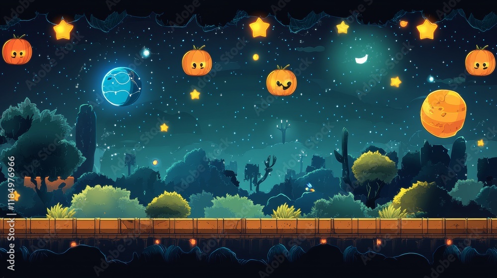 Space game level map with platforms, alien landscape and planets in sky. Vector background for ...