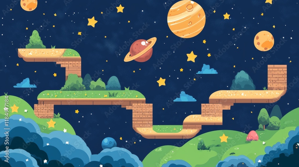 Space game level map with platforms, alien landscape and planets in sky. Vector background for ...